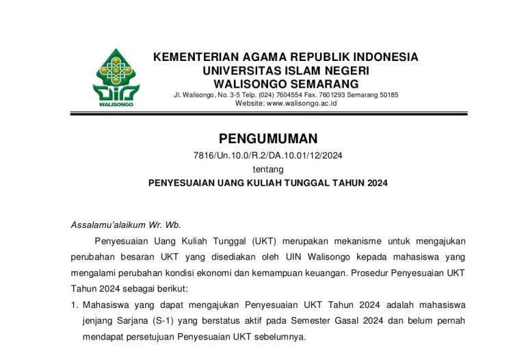 UIN Walisongo Buka Banding UKT Semester 2024/2025, Berikut Syarat dan ...